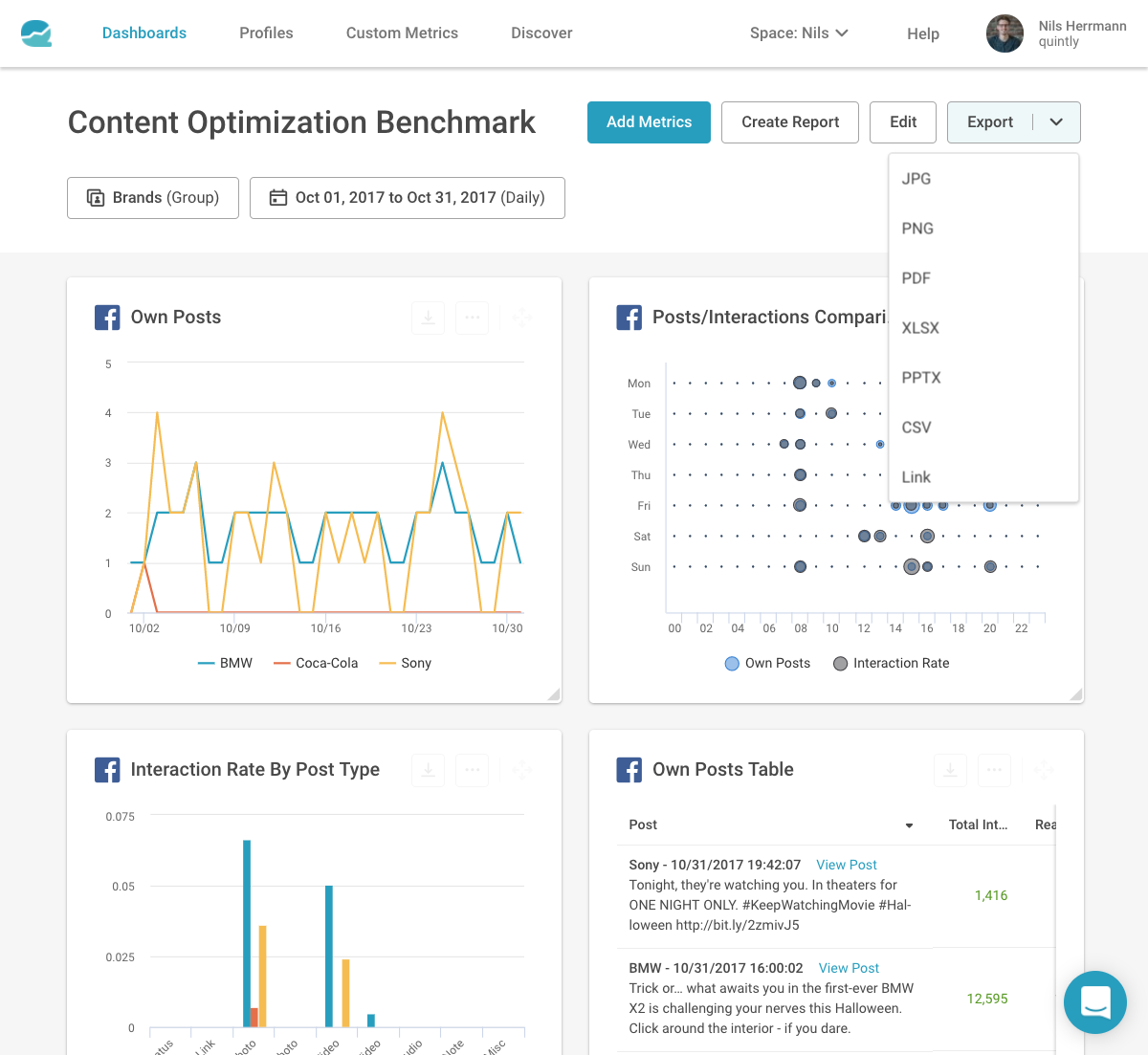 Social Data Exporting Options | Key Features | quintly
